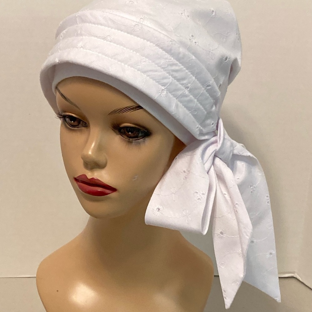 White Eyelet Cotton Turban With Sash - Gem